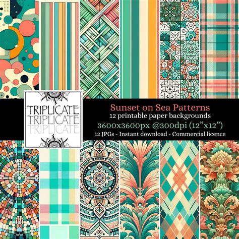 Sunset On Sea Patterns Scrapbook Paper Junk Journal And Digital Decorative Craft Paper Triplicate
