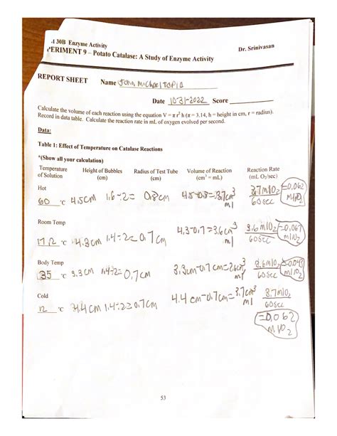 Enzyme Activity Lab Lab Report A B Enzyme Activity ERIMENT Potato Catalase Dr