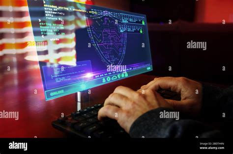 Man Typing Computer Keyboard With Futuristic Hologram Screen Abstract