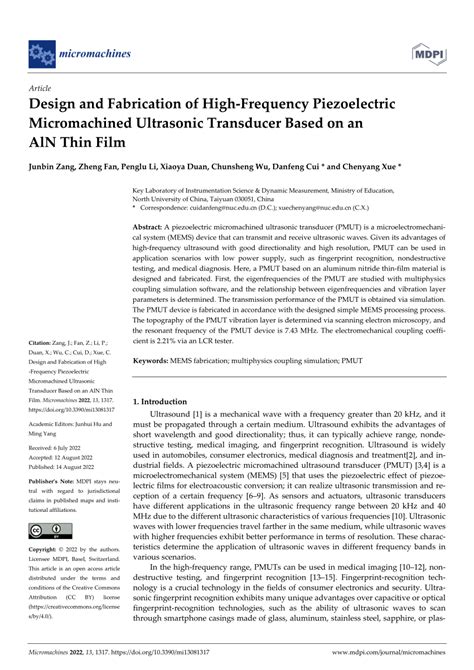 Pdf Design And Fabrication Of High Frequency Piezoelectric Micromachined Ultrasonic Transducer