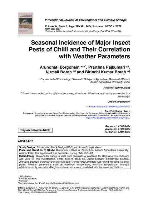 Pdf Seasonal Incidence Of Major Insect Pests Of Chilli And Their Correlation With Weather
