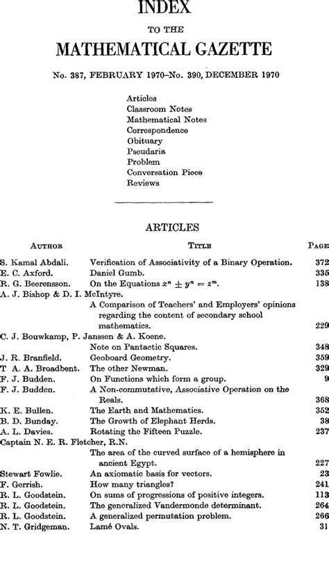 Index To The Mathematical Gazette The Mathematical Gazette Cambridge Core