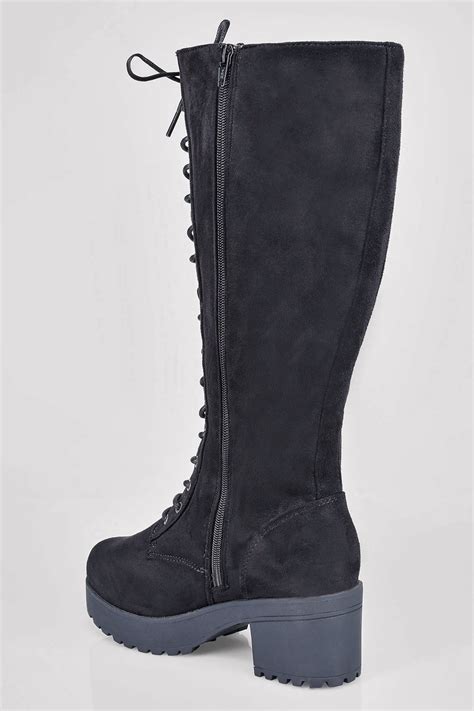 Black Knee High Lace Up Heeled Boot In Eee Fit 4eee5eee6eee7eee8eee9eee10eee