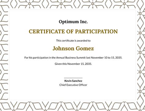 Certificate Of Participation Template Editable Free Download Free