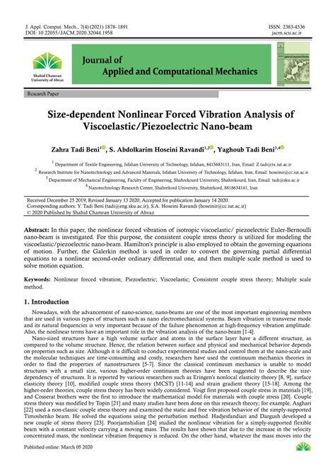 Pdf Size Dependent Nonlinear Forced Vibration Analysis Of Viscoelastic Piezoelectric Nano Beam