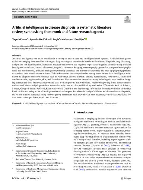 Pdf Artificial Intelligence In Disease Diagnosis A Systematic Literature Review Synthesizing