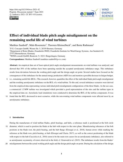Pdf Effect Of Individual Blade Pitch Angle Misalignment On The Remaining Useful Life Of Wind