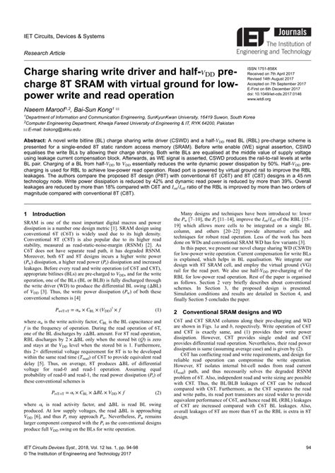 Pdf Charge Sharing Write Driver And Half Vdd Pre Charge 8t Sram With Virtual Ground For Low