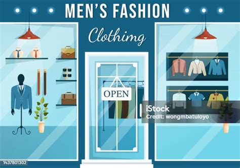 부티크 실내 또는 옷가게에서 세련된 남자의 패션 남자와 의상은 평평한 만화 손으로 그린 템플릿 일러스트레이션에서 쇼핑을 합니다