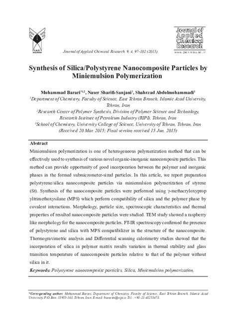Pdf Synthesis Of Silica Polystyrene Nanocomposite Particles By