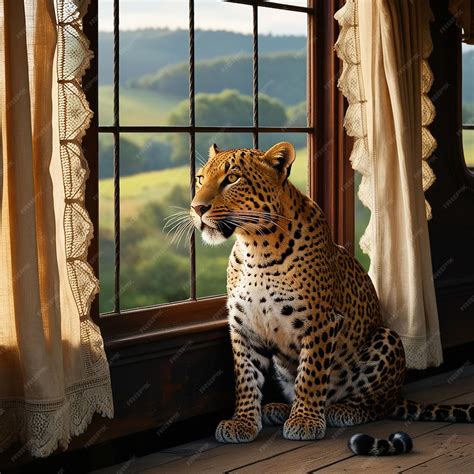 A Leopard Sits In Front Of A Window With A Window In The Background