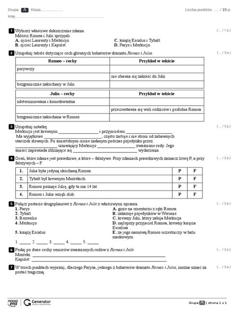 4 1 William Szekspir Romeo I Julia Test Z Widoczna Punktacja Pdf