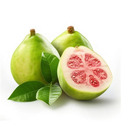 Premium Photo Innovative Guava Fruit With Cut Half Open And Small Green Leaves