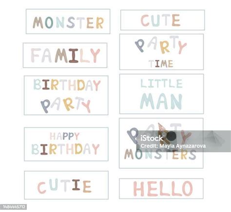 벡터의 다채로운 문자입니다 생일 축하합니다 귀여운 손으로 그린 낙서 레터링 엽서 괴물 가족 작은 남자 귀염둥이 생일 축하합니다 배너 라벨 티셔츠 디자인 소셜 미디어 웹