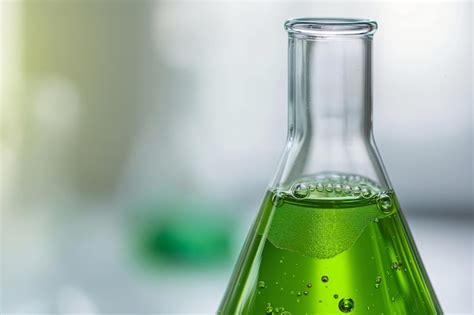 Close Up View Of An Erlenmeyer Flask Filled With A Vibrant Green Solution Suggesting Chemical