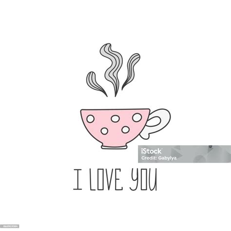 손 차 폴카 도트 티 컵의 그림을 그려 발렌타인 데이 인사말 카드 서식 파일 디자인에 대 한 벡터 일러스트입니다 귀여운에 대한