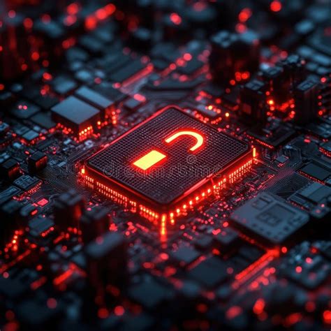 Close Up Of Secured Microchip On Technology Circuit Board Cybersecurity Concept Stock