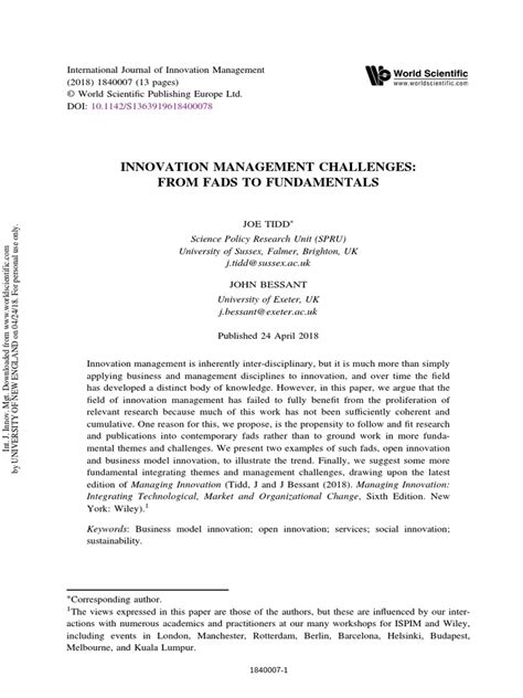 Innovation Management Challenges From Fads To Fundamentals Pdf Business Model Innovation