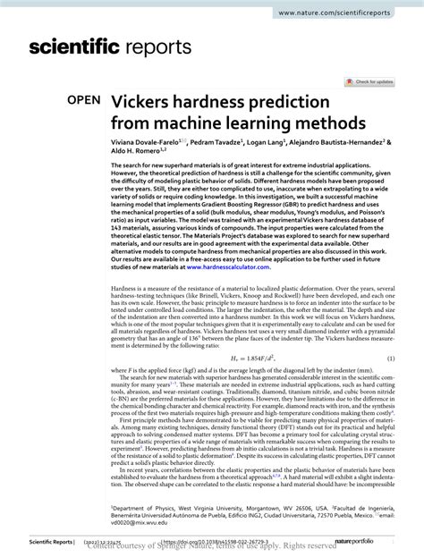 Pdf Vickers Hardness Prediction From Machine Learning Methods