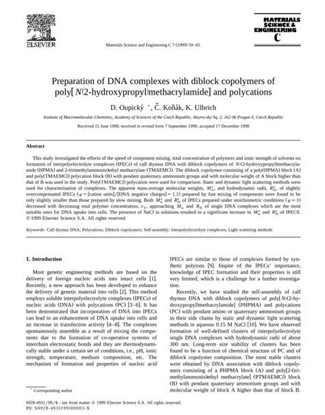 Pdf Preparation Of Dna Complexes With Diblock Copolymers Of Poly[n 2 Hydroxypropyl