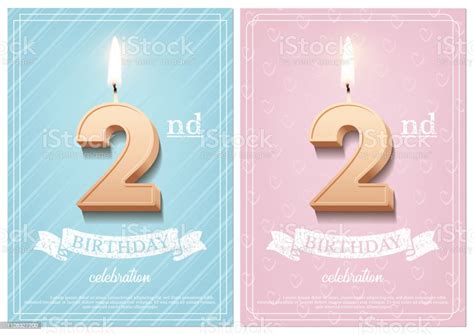 레코딩 번호 2 생일 엽서 형식에서 질감 파란색과 분홍색 배경에 빈티지 리본 및 생일 축 하 텍스트와 촛불 벡터 수직 생일 초대장 서식 파일을 두 번째 생일에 대한 스톡