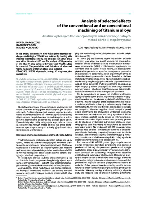 Pdf Analysis Of Selected Effects Of The Conventional And Unconventional Machining Of Titanium