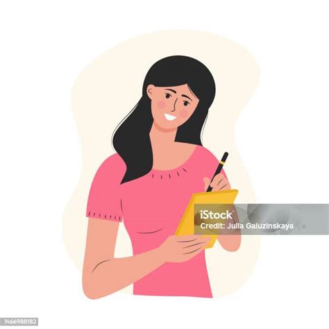 노트북에 쓰는 여자 기자 작가 학생 사업가가 펜으로 메모를 하고 있다 교육 비즈니스 작문 개념 쓰기에 대한 스톡 벡터 아트 및