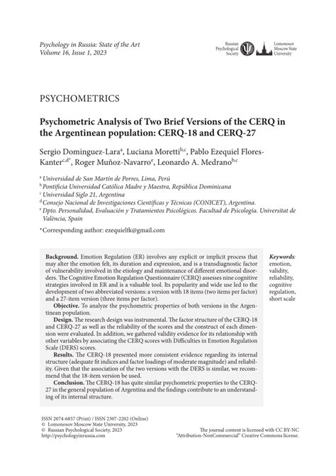 Pdf Psychometrics Psychometric Analysis Of Two Brief Versions Of The Cerq In The Argentinean