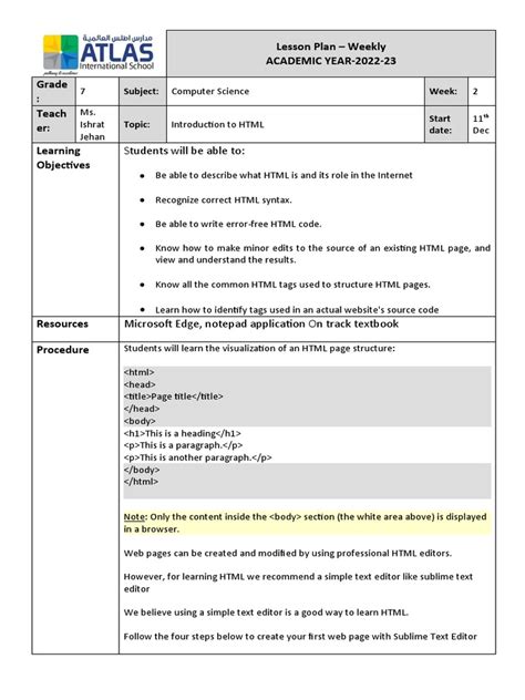 Computer Science Lesson Plan Week 2 Practical Pdf Html World Wide Web