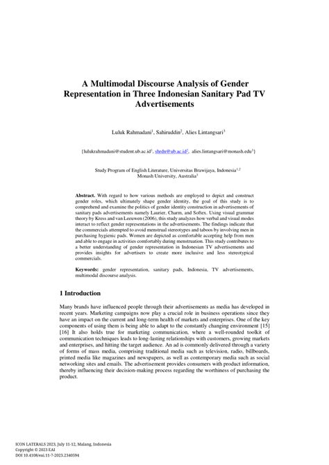 Pdf A Multimodal Discourse Analysis Of Gender Representation In Three Indonesian Sanitary Pad