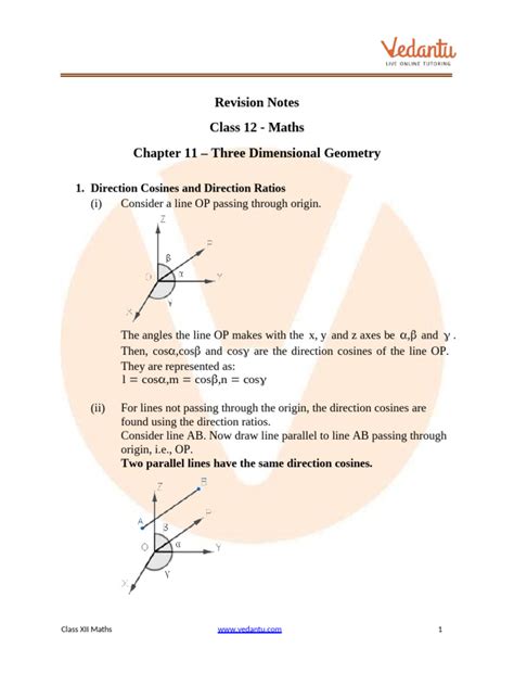 Cbse Class 12 Maths Notes Chapter 11 Three Dimensional Geometry Pdf Euclidean Vector
