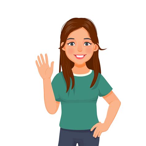 Happy Young Woman With Hand On Her Waist Smiling Waving Hand