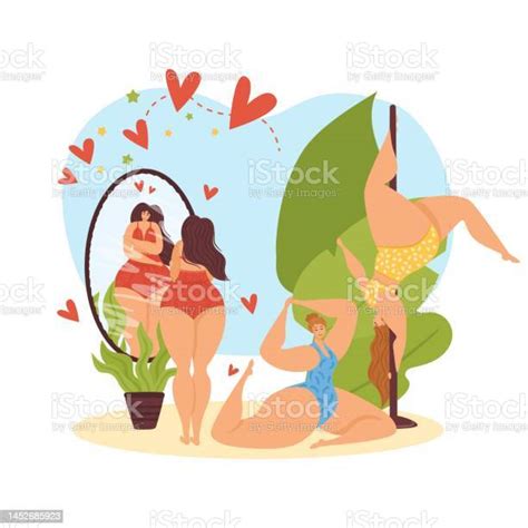 Fitnes 바디 긍정적 인 소녀 여자 벡터 일러스트 레이 션입니다 특이한 인물을 가진 여성 인물 캐릭터를 위한 만화 일일 플래너 개념에 대한 스톡 벡터 아트 및 기타