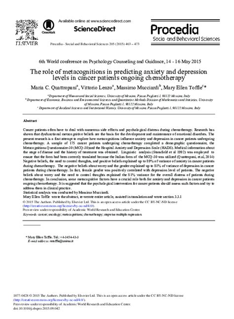 Pdf The Role Of Metacognitions In Predicting Anxiety And Depression Levels In Cancer Patients