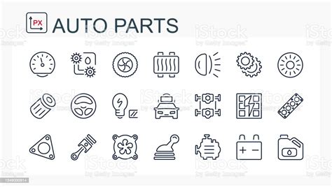 벡터 일러스트레이션 세트 자동차 부품이 있는 얇은 줄의 아이콘입니다 자동차 서비스 자동 부품 저장소 자동 부품 헤드라이트에 대한 스톡 벡터 아트 및 기타 이미지 Istock
