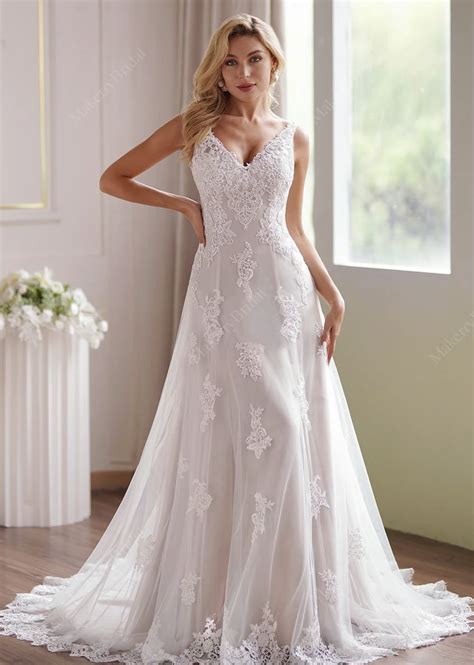 Romantic Strap V Neck Fit And Flare Wedding Dress Fit And Flare Wedding