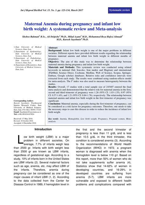 Pdf Maternal Anemia During Pregnancy And Infant Low Birth Weight A Systematic Review And Meta