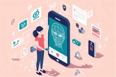 Isometric Web Concept With Biometric Control A Woman Uses Fingerprint Authenticity And Face
