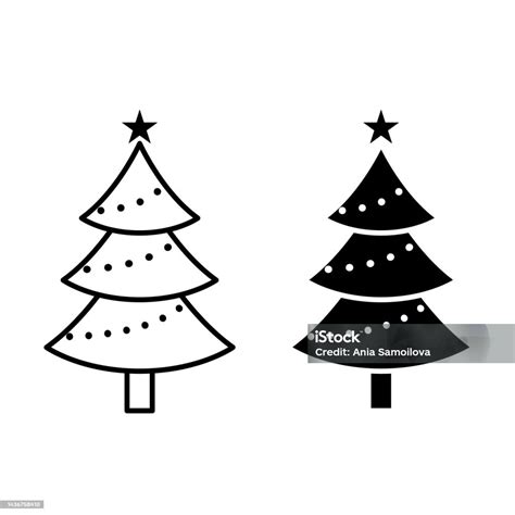 침엽수 윤곽선과 채워진 벡터 글리프로 장식 된 크리스마스 트리 라인 아이콘 흰색에 고립 된 선형 및 전체 길이 픽토그램 로고 일러스트 레이 션 0명에 대한 스톡 벡터 아트