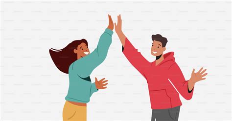 캐릭터는 동의하고 승리를 축하합니다 남자와 여자는 서로에게 하이파이브를 주고 목표 달성 좋은 기분 승리 또는 성공적인