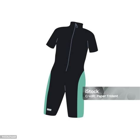 다이빙 잠수복 짧은 스노클링 스쿠버 젖은 양복 점프 슈트 수중 바다 수영을위한 다이버 해부학 적 의상 흰색 배경에 격리된 플랫 벡터 일러스트 레이 션 수트에 대한 스톡 벡터