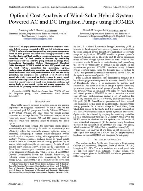 Optimal Cost Analysis Of Wind Solar Hybrid System Powered Ac And Dc Irrigation Pumps Using Homer