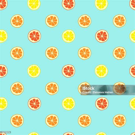 손으로 그린 화려한 매끄러운 패턴 청록색 배경에 레몬 오렌지와 자몽의 절반 섬유 제조 벽지 포스터 포장지에 적합합니다 0명에 대한 스톡 벡터 아트 및 기타 이미지 Istock