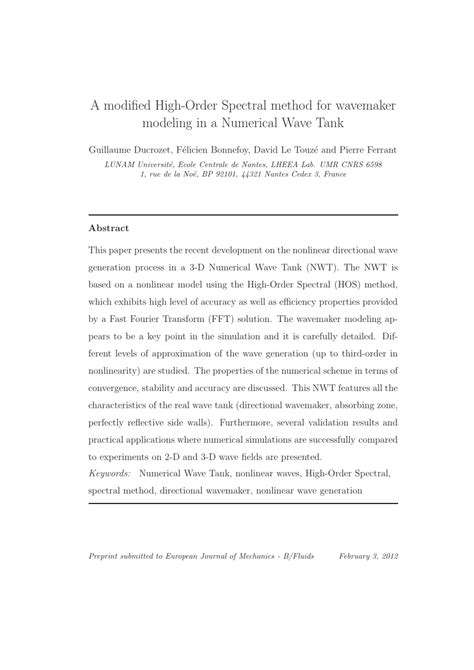 PDF A Modified High Order Spectral Method For Wavemaker Modeling In A Numerical Wave Tank