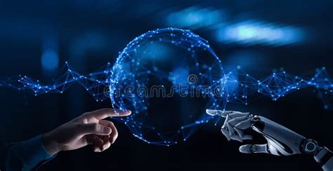 Robot Hand And Human Hand Touching Digital Sphere Ai Artificial Intelligence Concept Stock