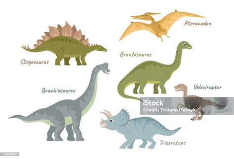 귀여운 플랫 공룡의 컬렉션입니다 쥬라기 시대의 생물 벡터 그림은 흰색으로 격리되어 있습니다 공룡에 대한 스톡 벡터 아트 및 기타 이미지 Istock