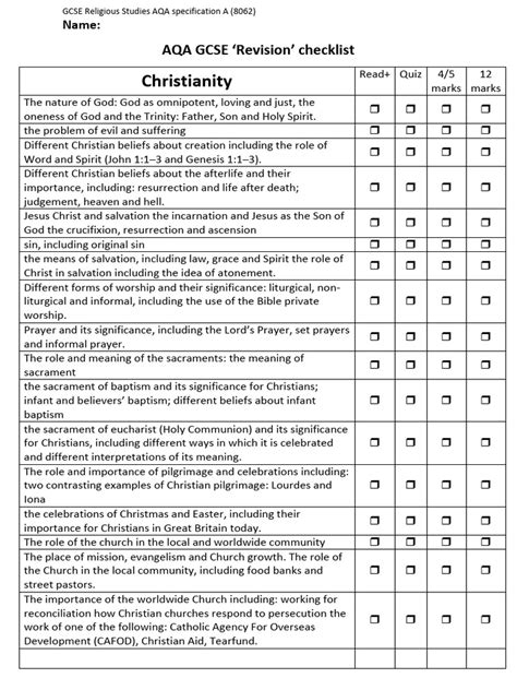 Gcse Rag Checklist For Revision Pdf Sacraments Baptism