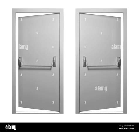 Emergency Exit Grey Two Door Closed Up Latch Door Handle Of Emergency Exit Push Bar And Rail