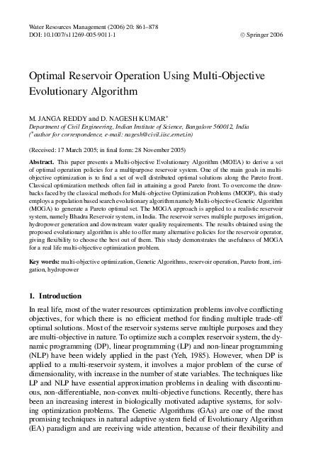 Pdf Optimal Reservoir Operation Using Multi Objective Evolutionary