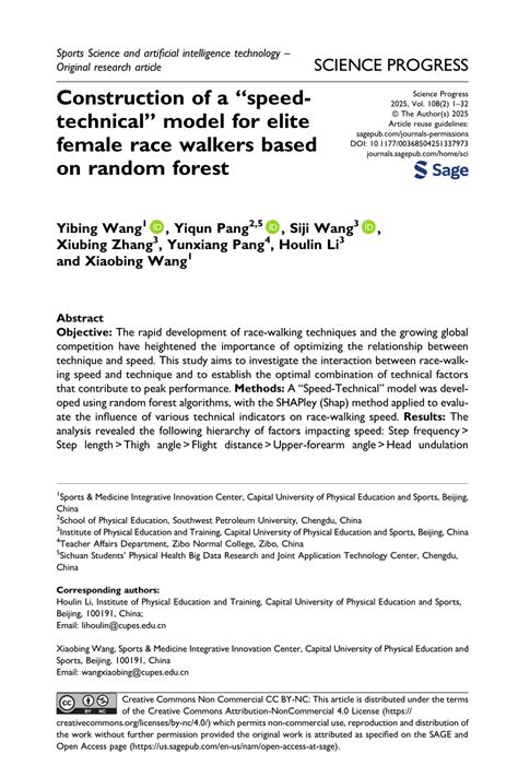 Pdf Construction Of A Speed Technical” Model For Elite Female Race Walkers Based On Random Forest